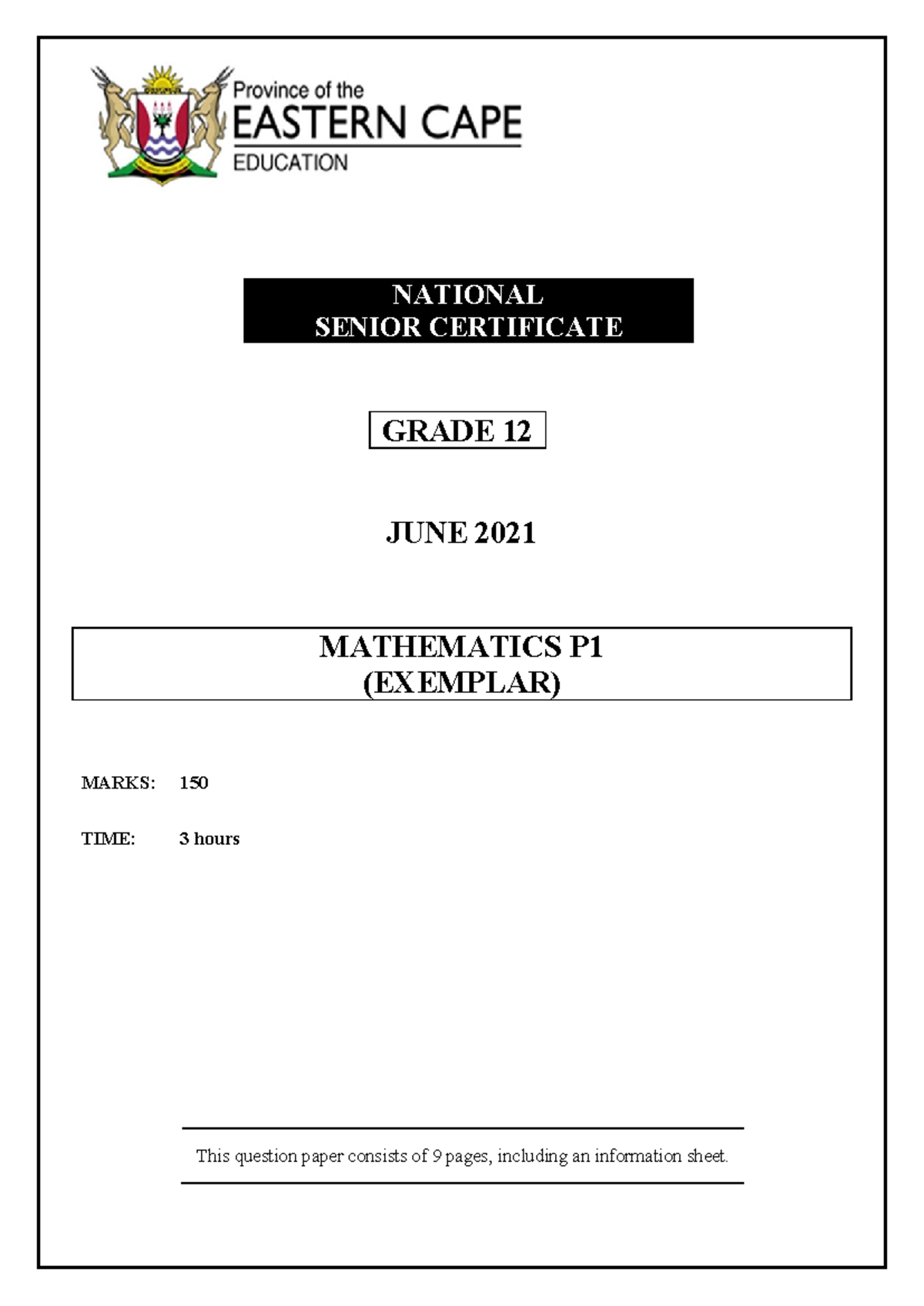 Mathematics P1 Grade 12 June 2021 Question Paper (Exemplar) - Studocu
