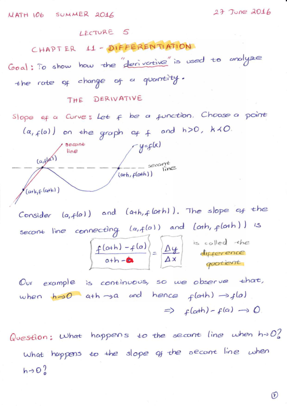 Lecture 7 Notes: Understanding Slope and Derivatives in U ATH 2T - Studocu