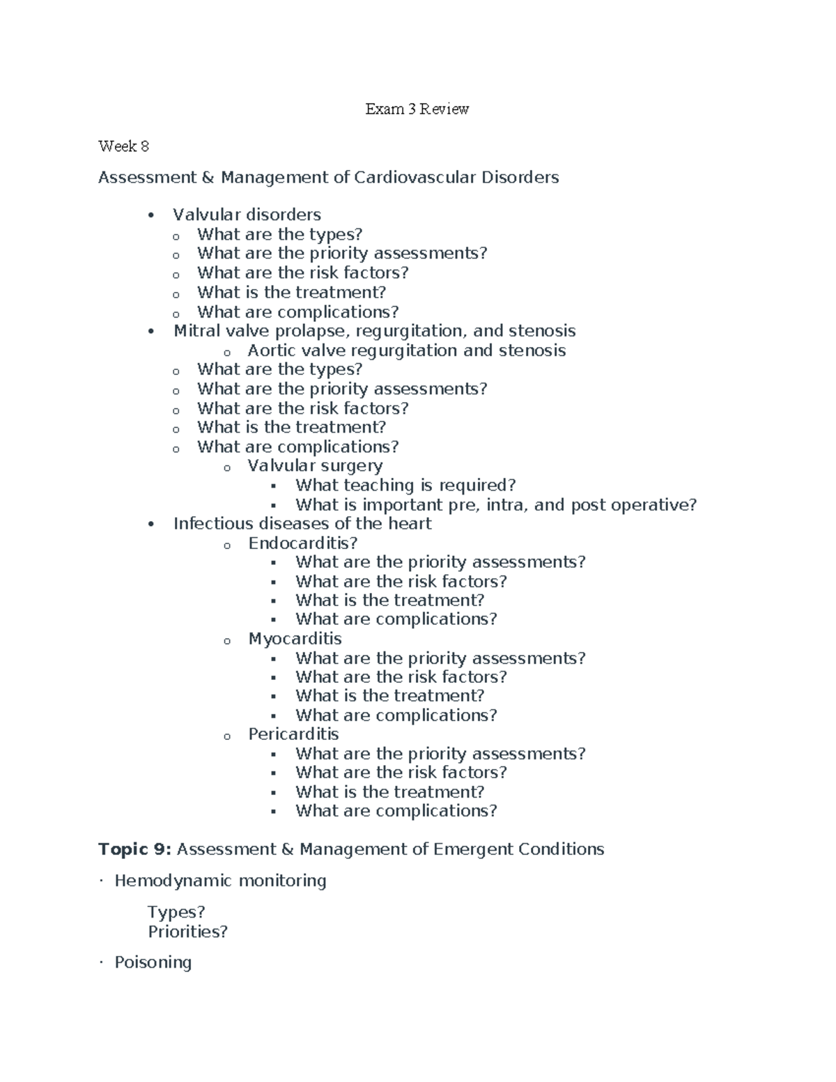 Exam 3 Review: Cardiovascular & Emergency Conditions Study Guide - Studocu