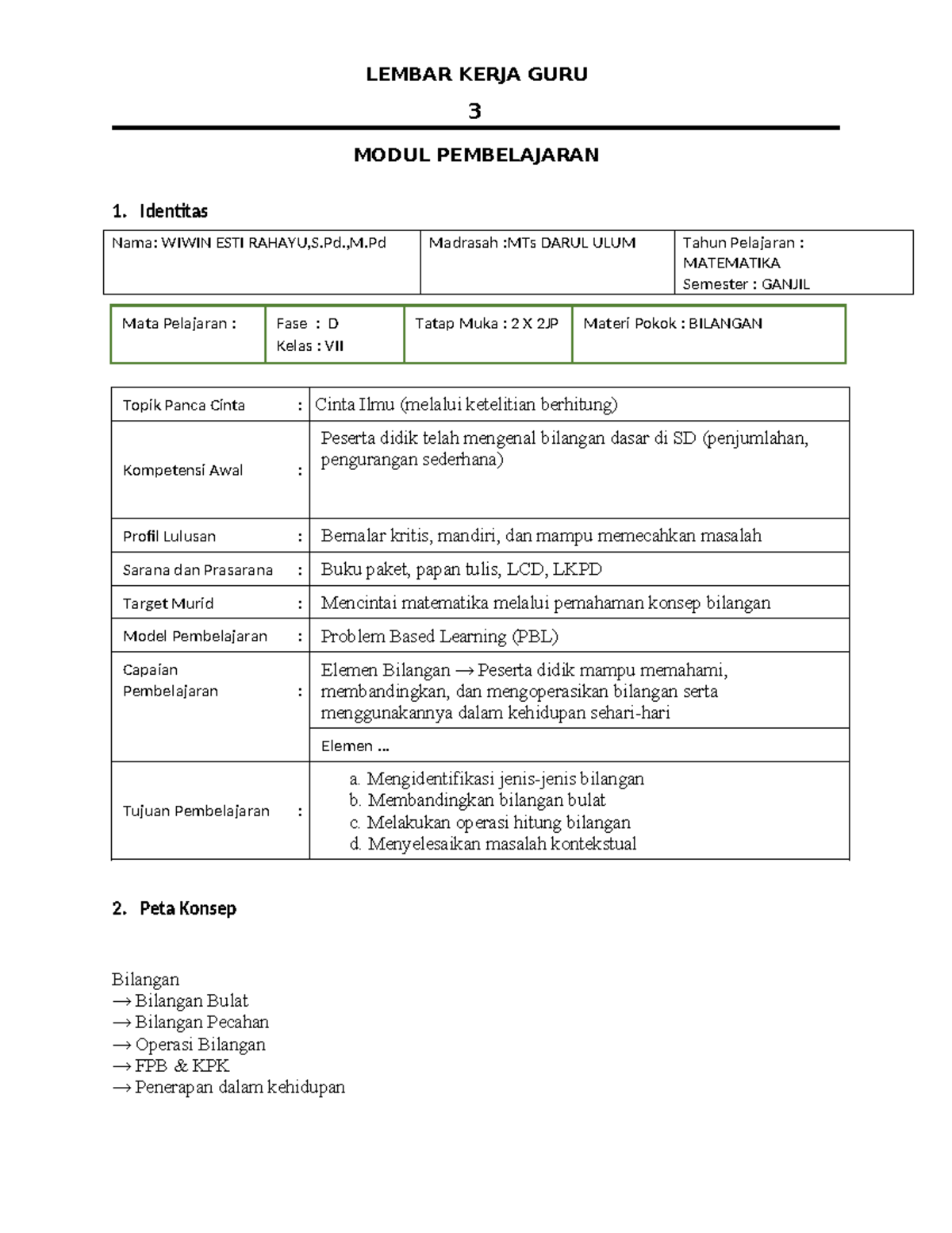 MTs Kelas VII Modul Pembelajaran 1: Bilangan dan Cinta Ilmu - Studocu
