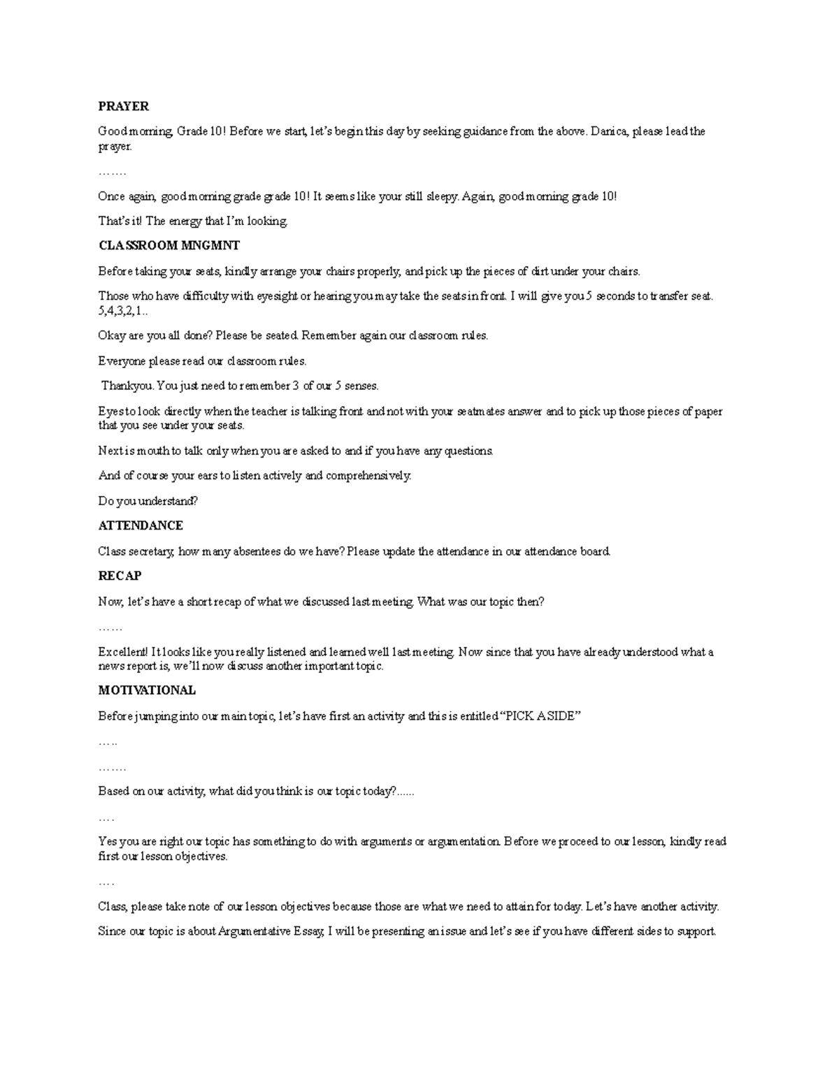 Grade 10 Lesson Plan: Understanding Argumentative Essays - Studocu