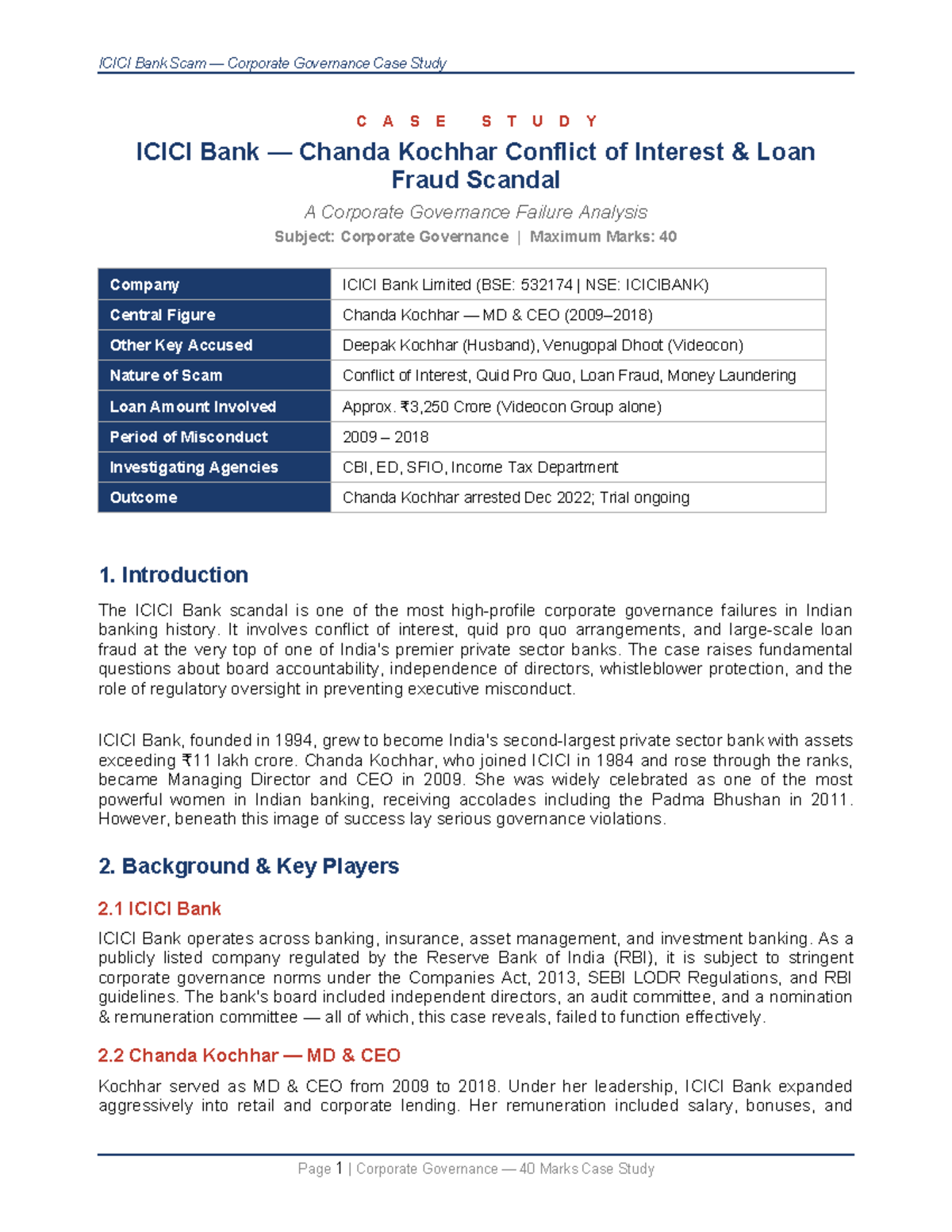 ICICI Bank Scam: A Corporate Governance Case Study (C G 40 Marks) - Studocu