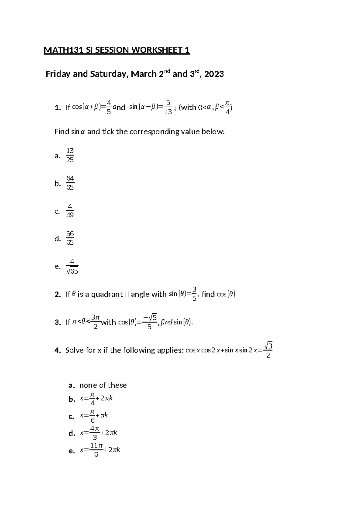 MATH131 SI Worksheet 1 - Essential Practice for Exam Success - Studocu