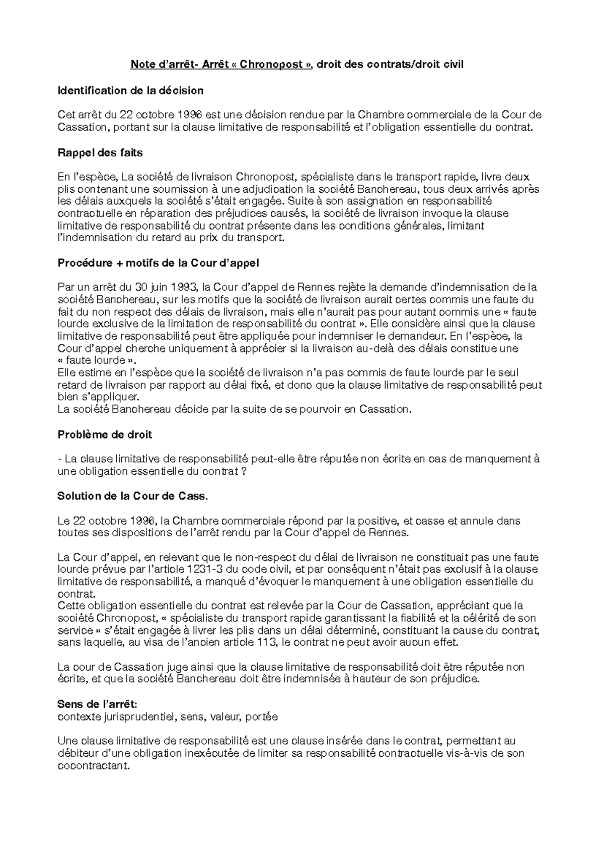 Note d'arrêt Chronopost - Note d’arrêt- Arrêt « Chronopost », droit des ...