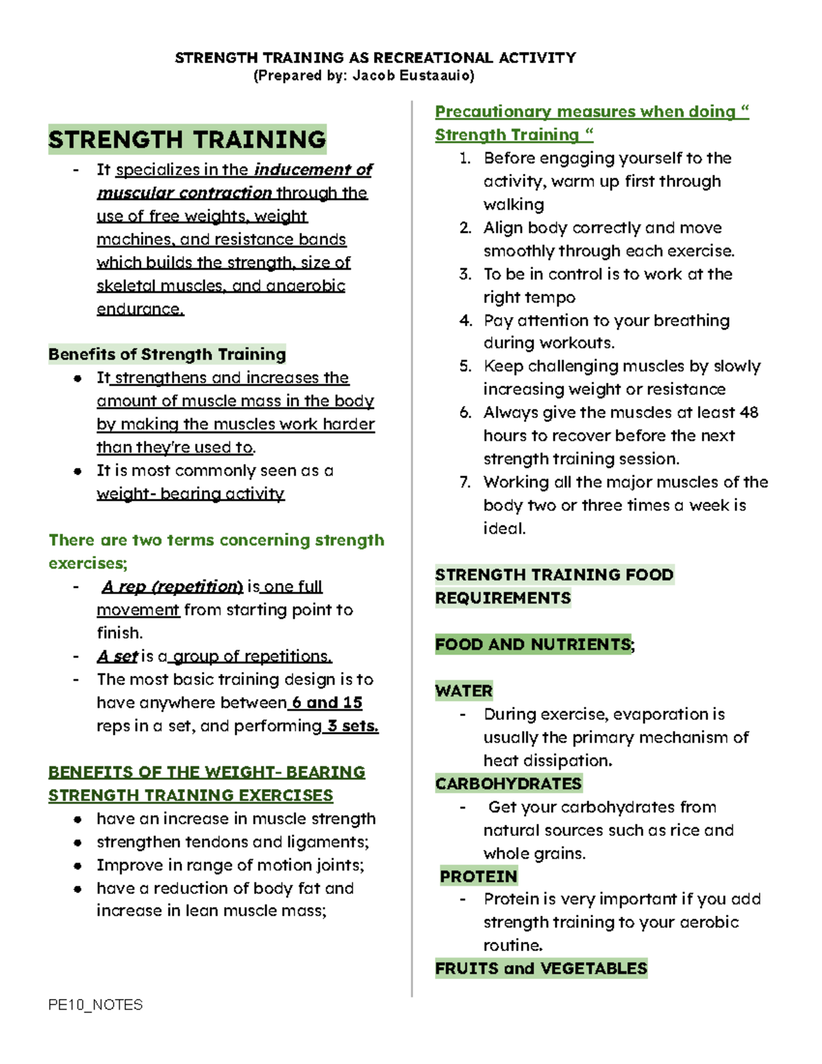 PE10 Q1 - Strength Training as a Recreational Activity Notes - Studocu