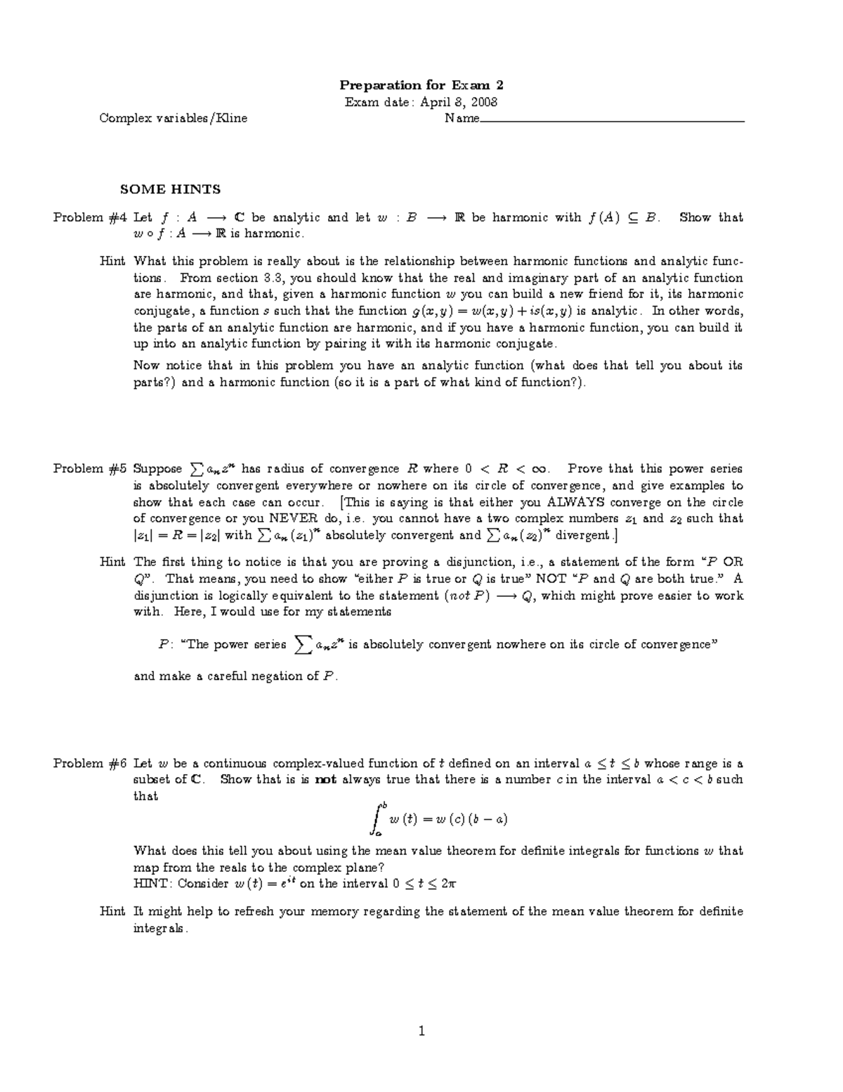 Exam 2 Hints for Complex Analysis Problems (Course Code: CA101) - Studocu
