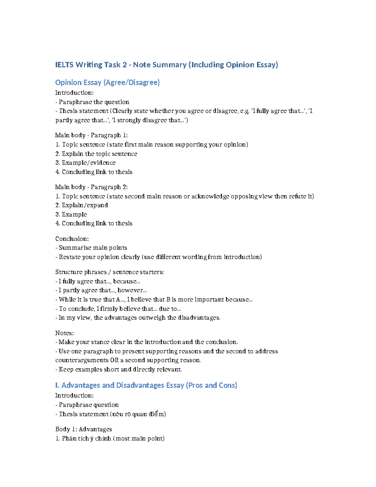 IELTS Writing Task 2 Structures: Opinion Essay Guide - Studocu