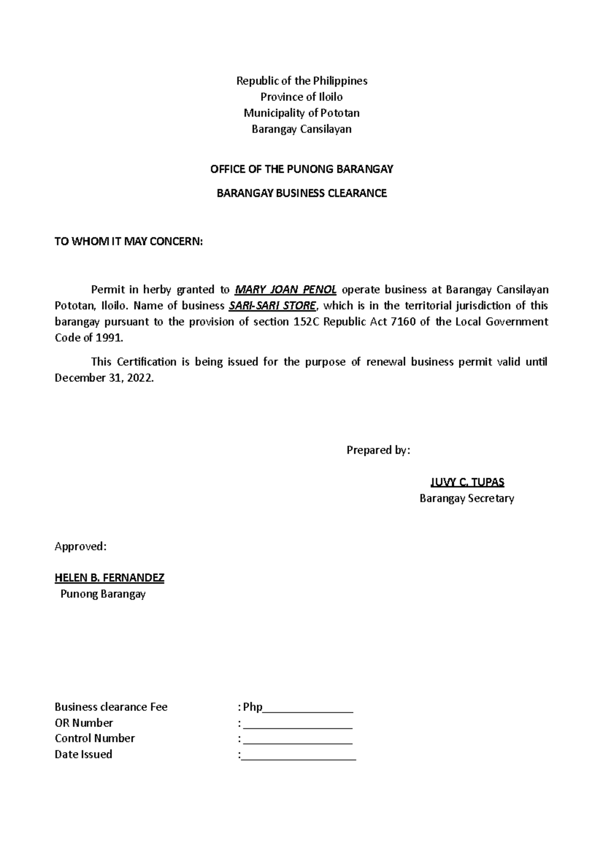 Barangay Business Clearance Certification - SDF - Studocu