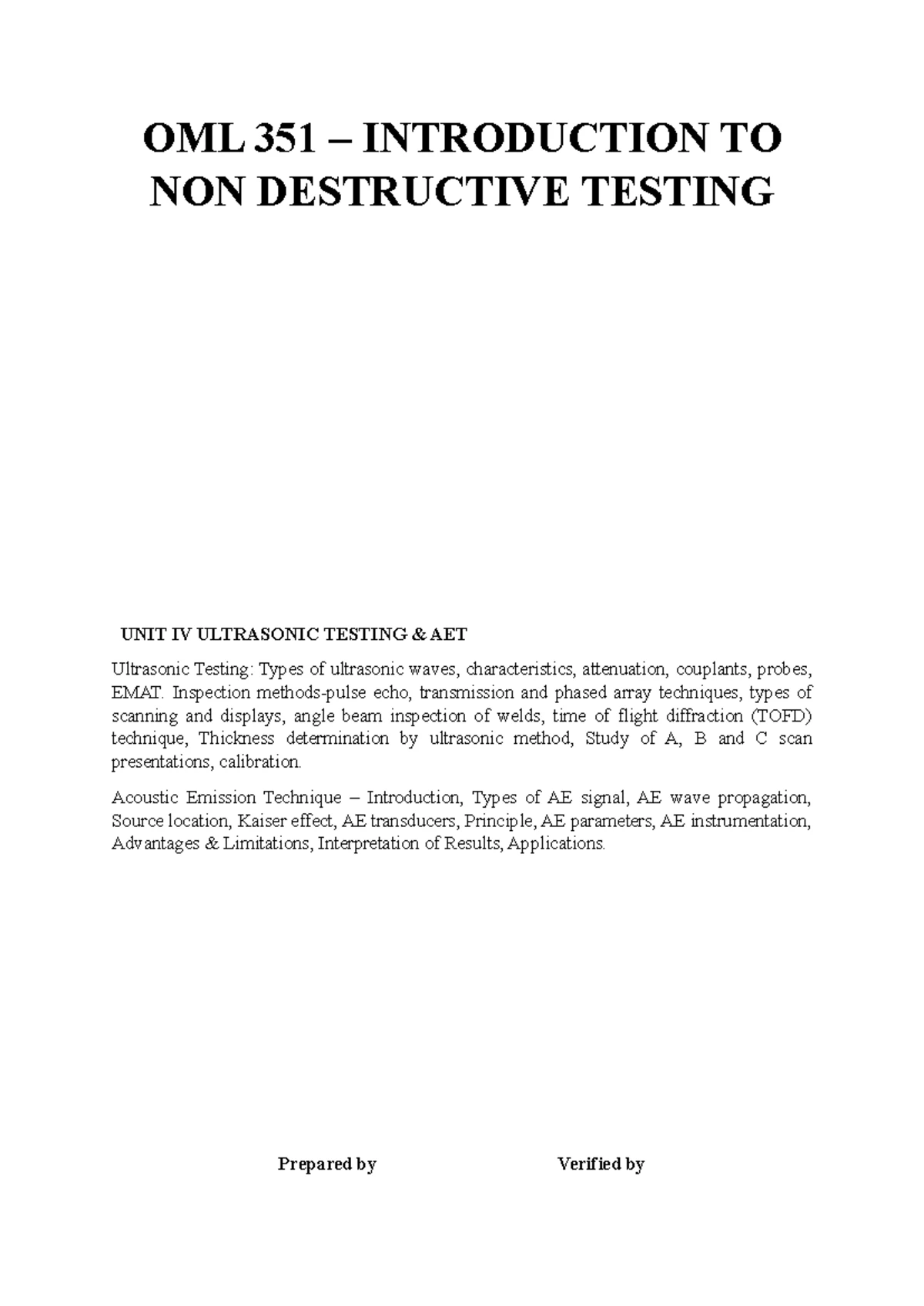 Notes NDT - kdfk - OML INTRODUCTION TO NON-DESTRUCTIVE TESTING UNIT I ...
