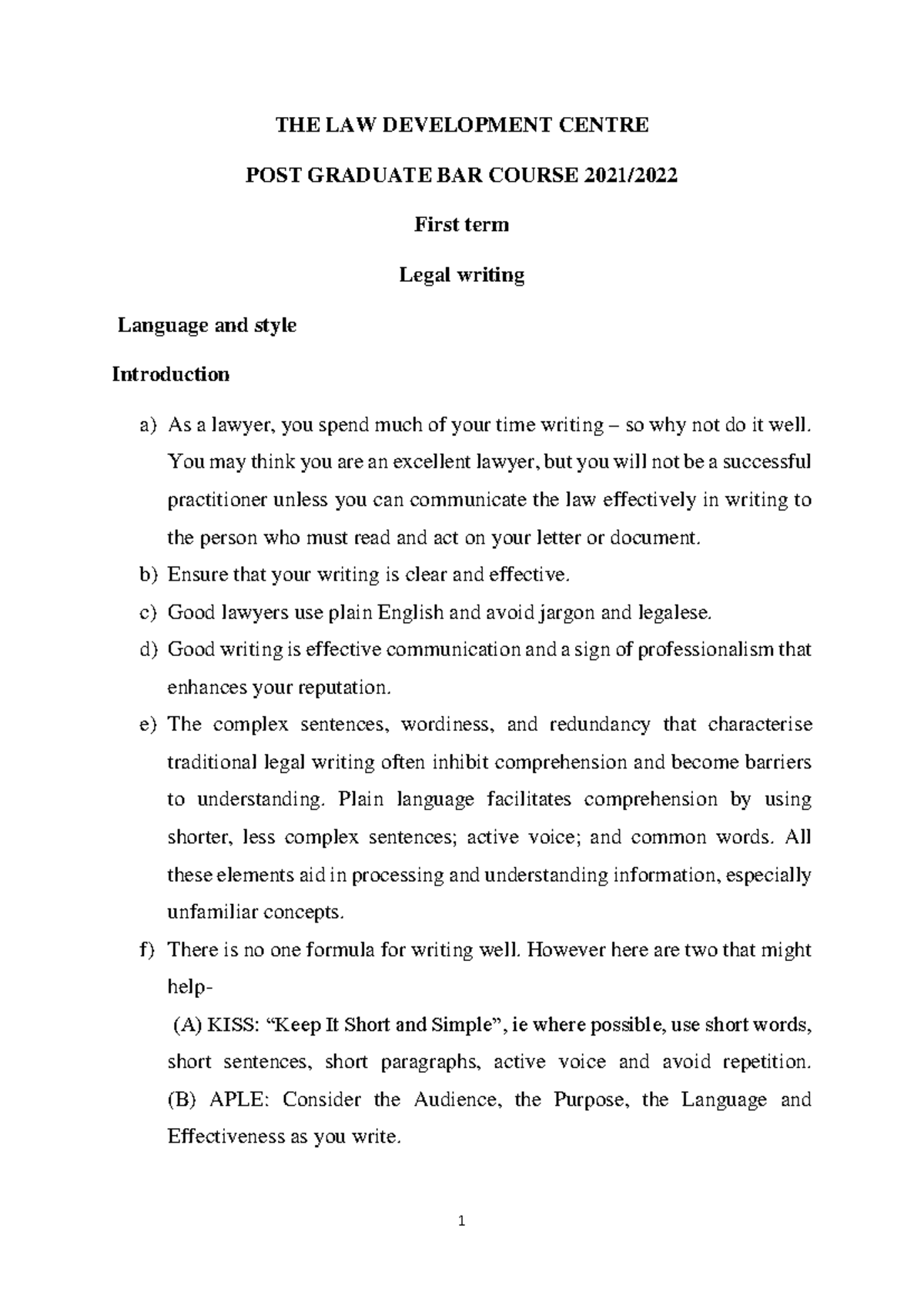 Legal Writing Language & Style Notes - PG Bar Course - Studocu