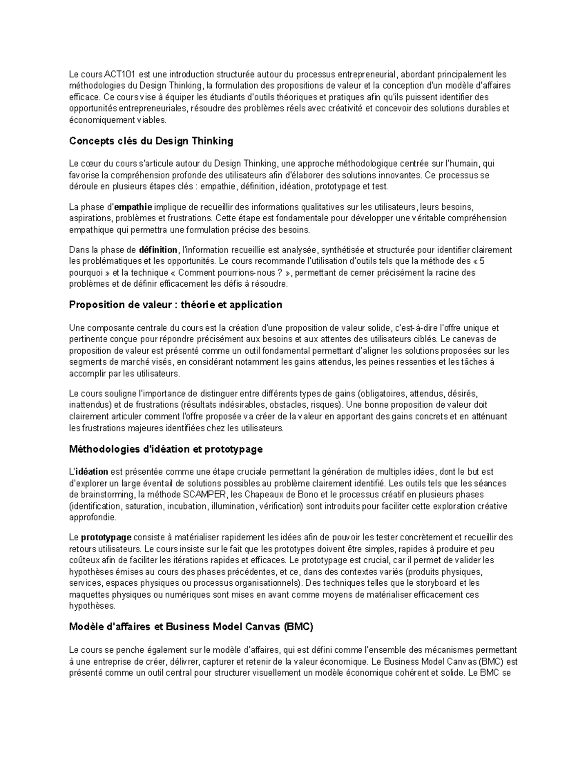 Résumé complet du cours ACT101 : introduction au Design Thinking et au ...