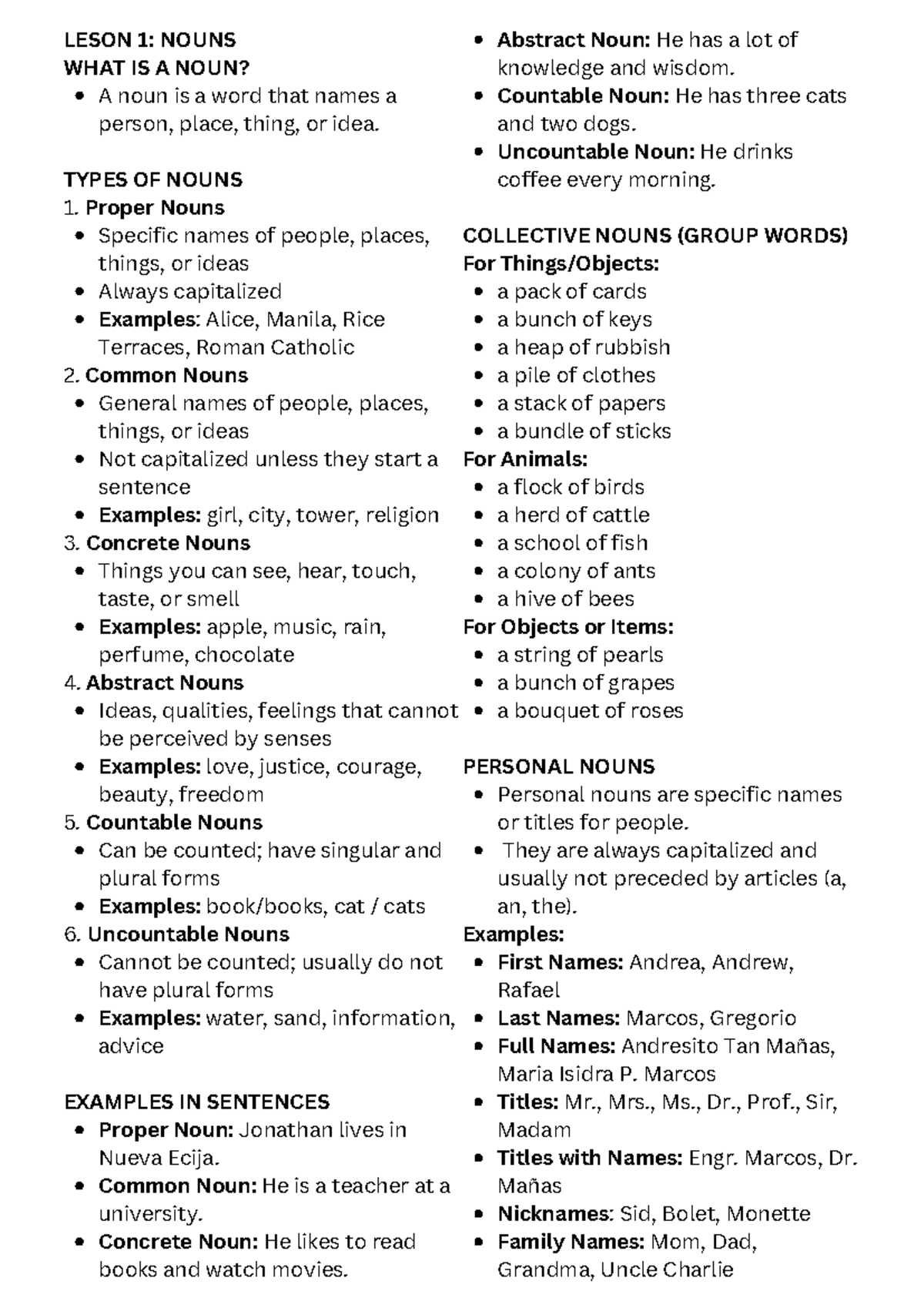 ENG College Reviewer: Lesson 1 - Nouns, Pronouns, and Verbs - Studocu