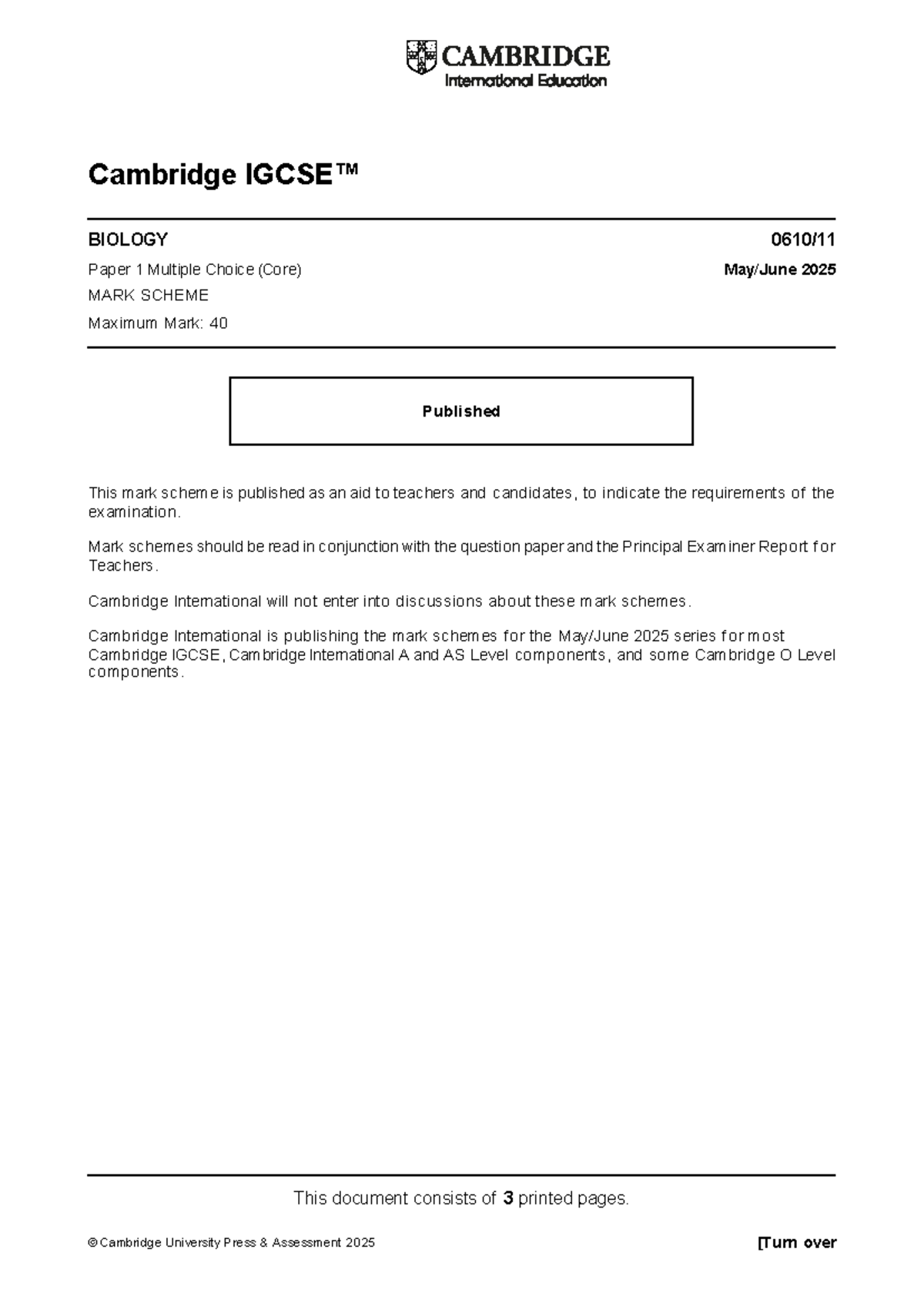 Cambridge IGCSE BIOLOGY 0610/25 Paper 1 Mark Scheme 2025 - Studocu