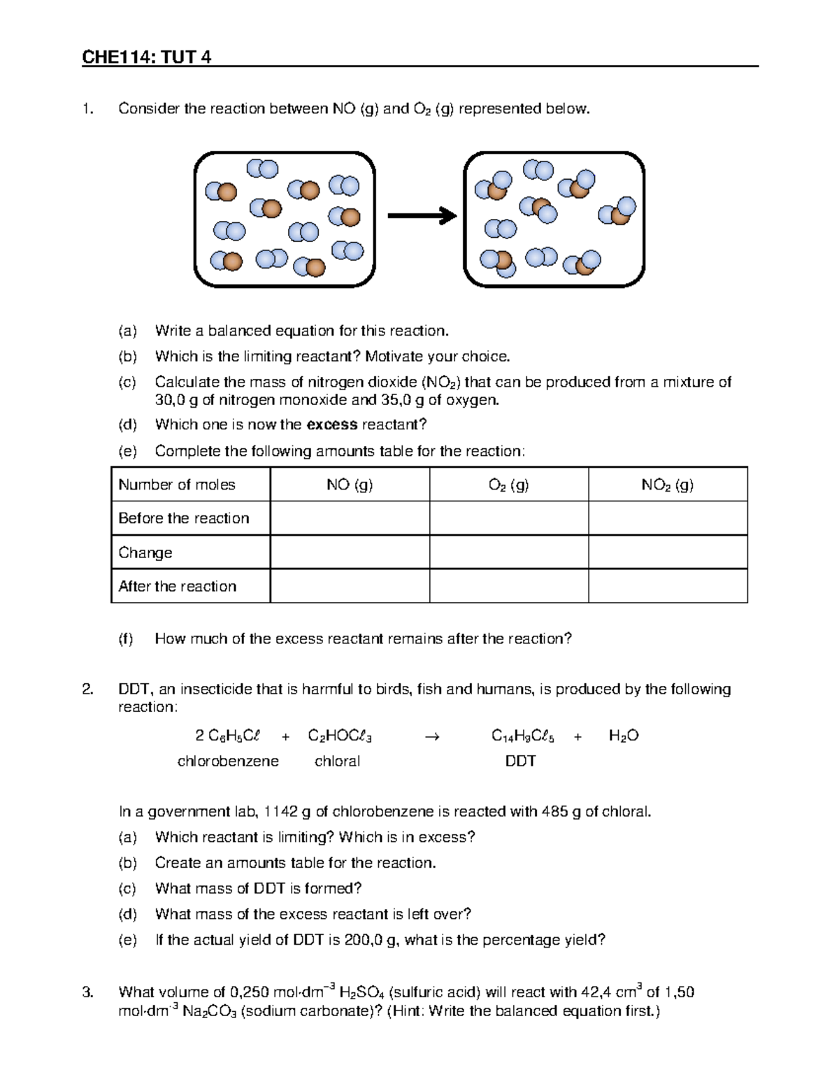 CHE114: Tutorial 4 - Reaction Stoichiometry & Limiting Reactants - Studocu