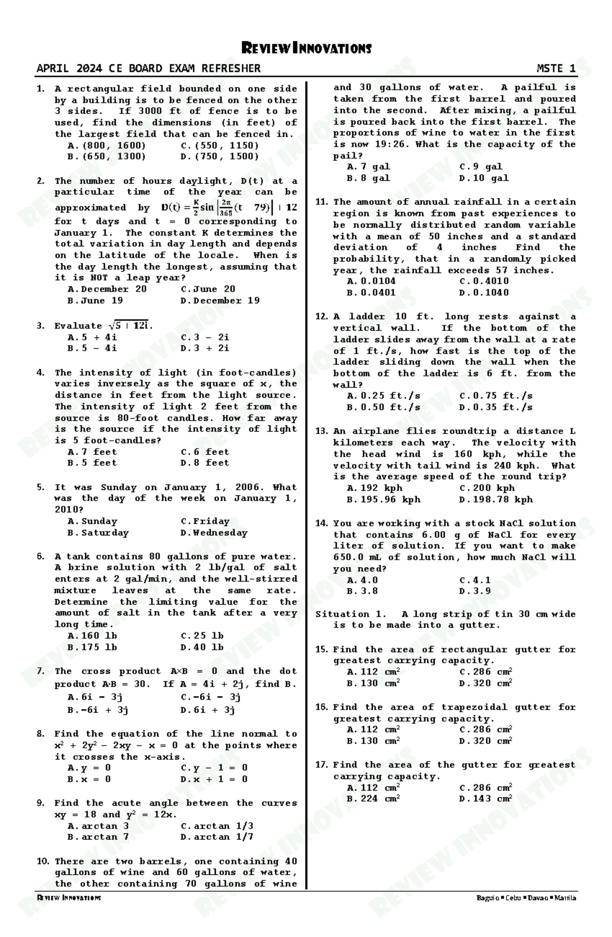 April 2024 MSTE 1 CE Board Exam Refresher: Review Innovations - Studocu