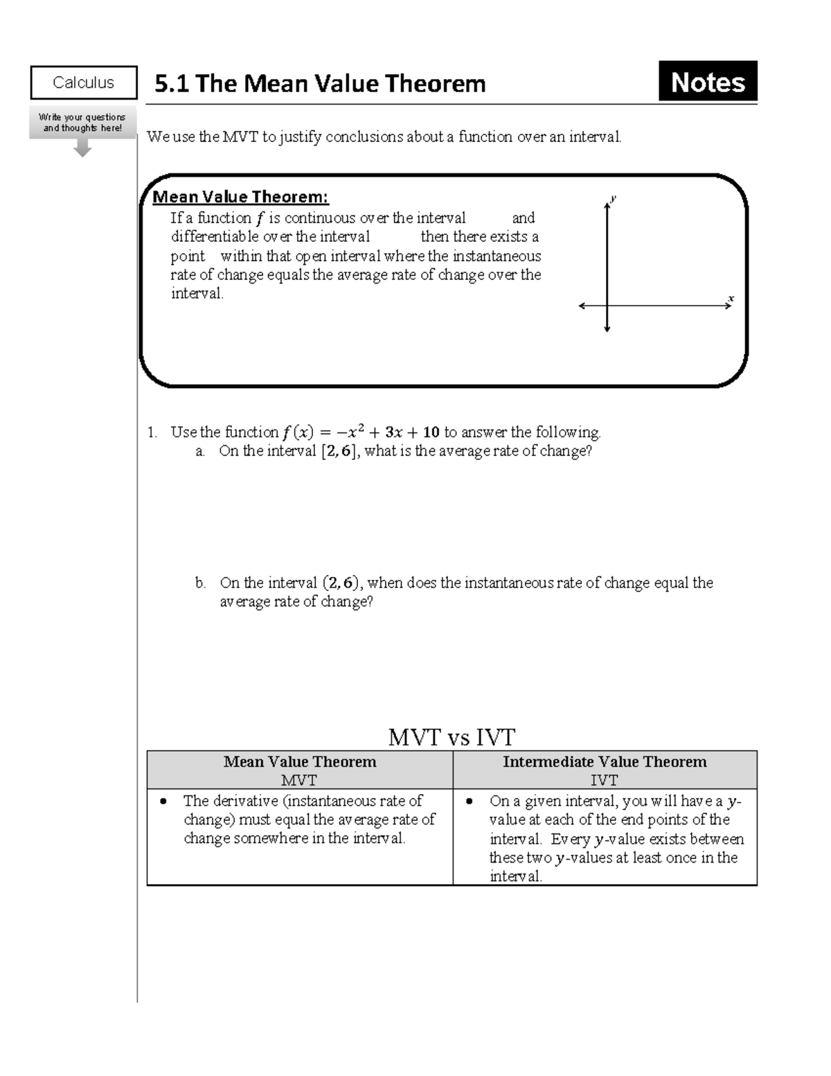 Calc 5 - Mean Value Theorem and Related Concepts Notes - Studocu