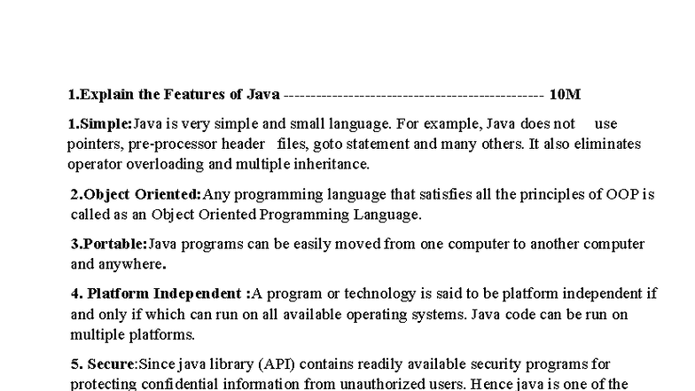 Java Features and Data Types Overview - BSC 10M - Studocu
