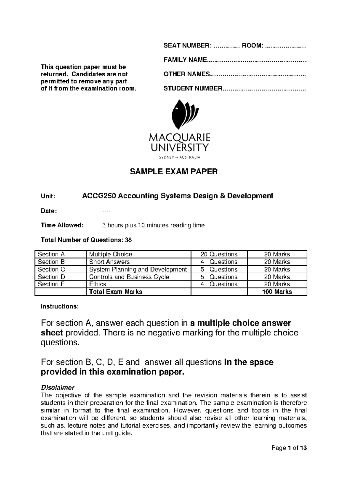 Sample Exam Paper - ACC CG250: Questions & Answers for Final Exam - Studocu