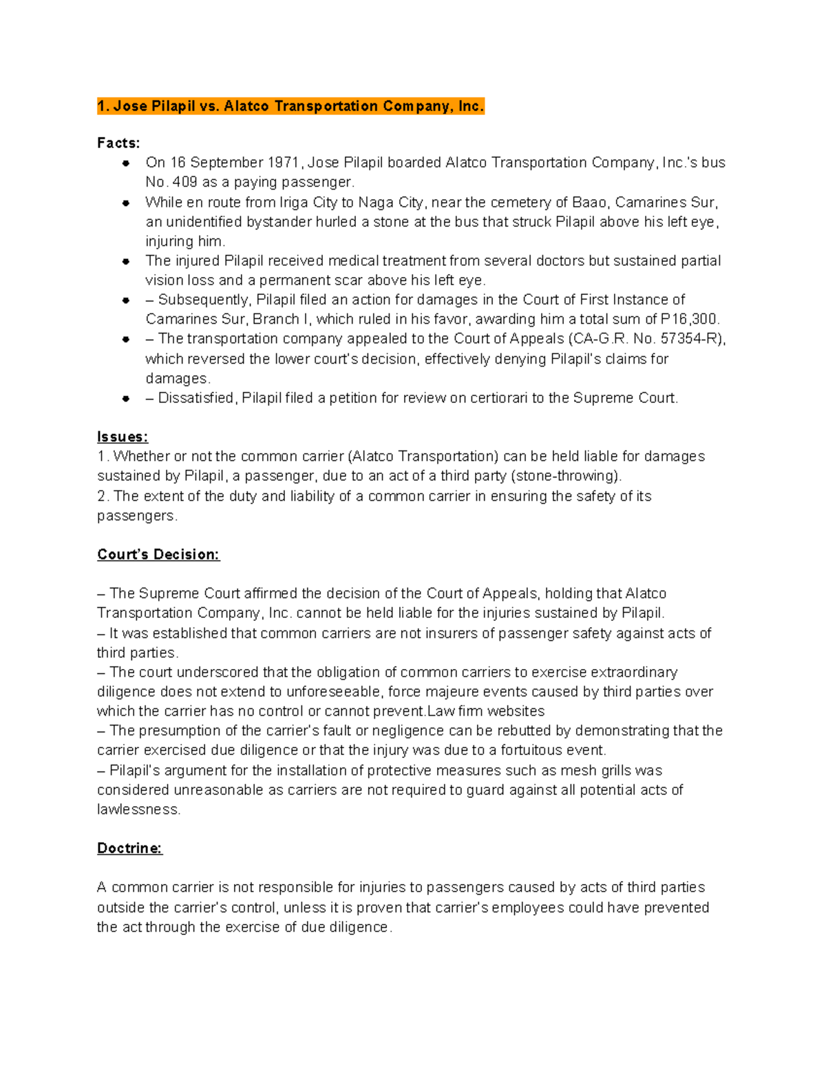 03 Cases - 1. Jose Pilapil vs. Alatco Transportation Company, Inc ...