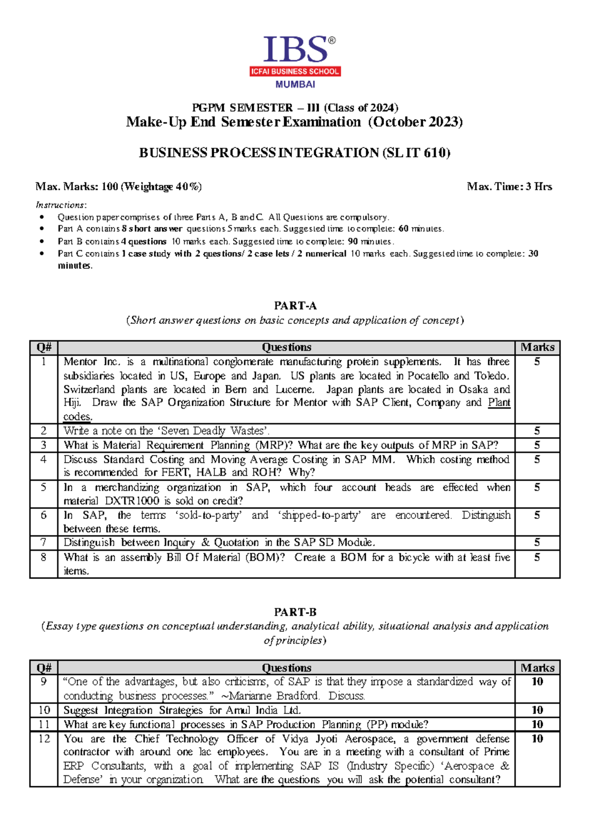 BPI -Make Up Exam - 2023 - PGPM SEMESTER – III (Class of 2024) Make-Up ...