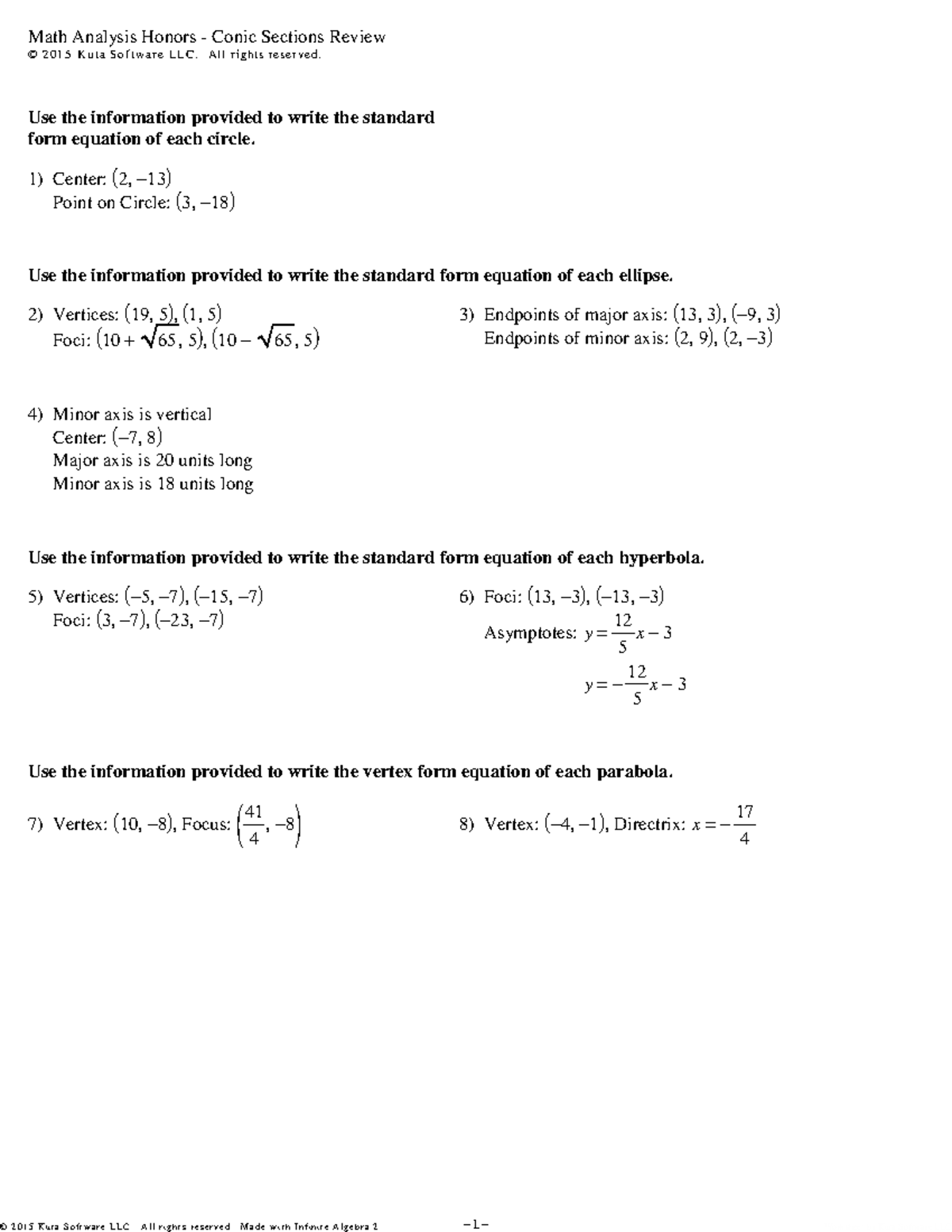 Math Analysis Honors 72B0x1656 Conic Sections Review Worksheet - Studocu