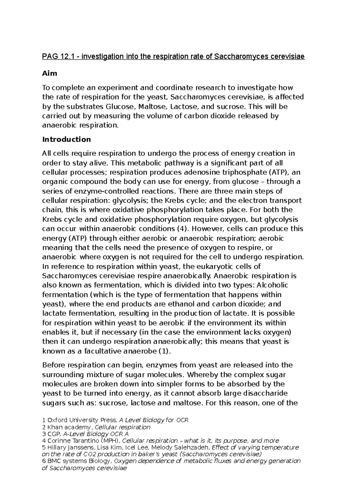 Biology PAG 12 - Investigating Respiration Rate of Saccharomyces ...