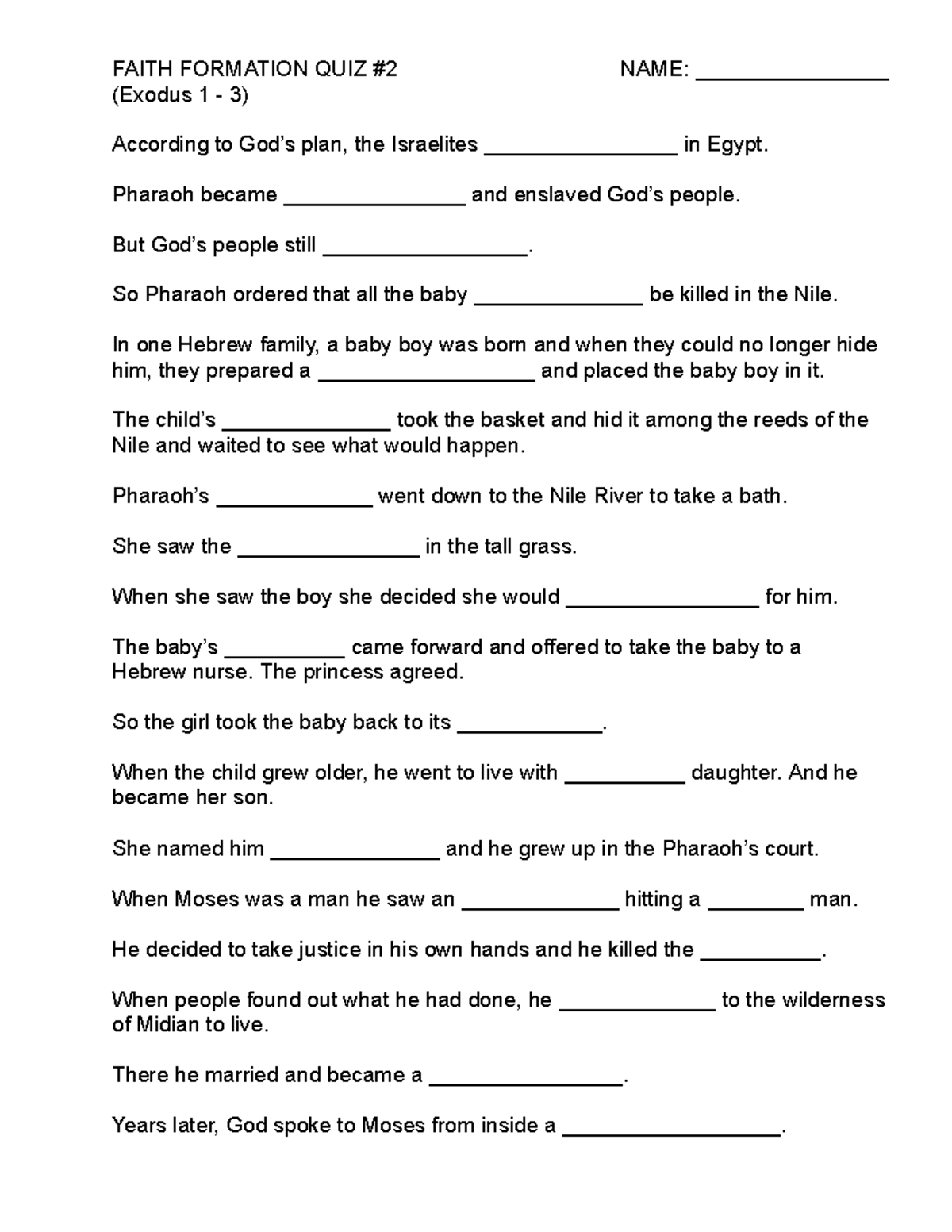 FAITH FORMATION QUIZ #2: EXODUS CHAPTERS 1-3 SUMMARY - Studocu