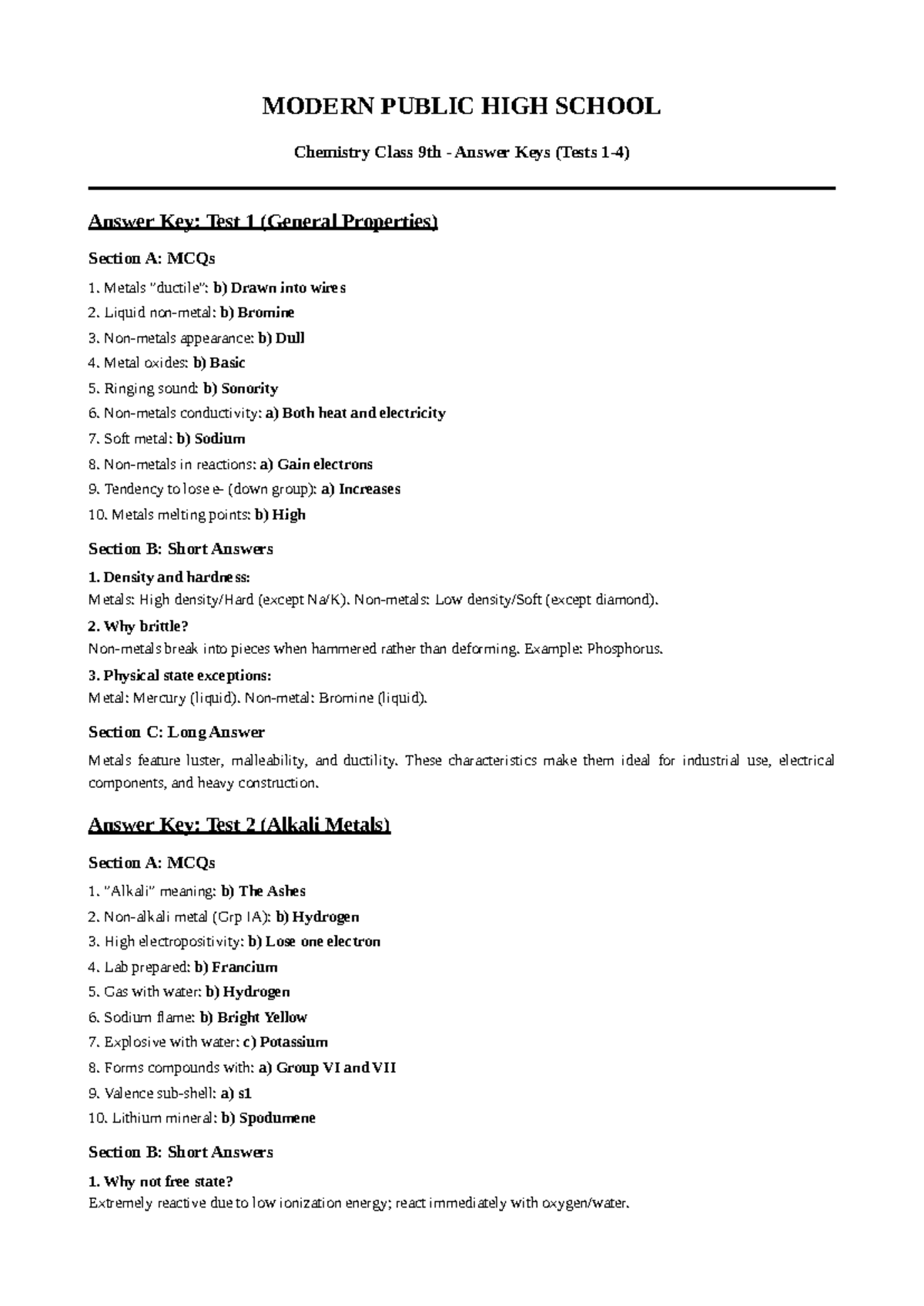 Chemistry Class 9 Answer Keys: Modern Public High School Tests - Studocu