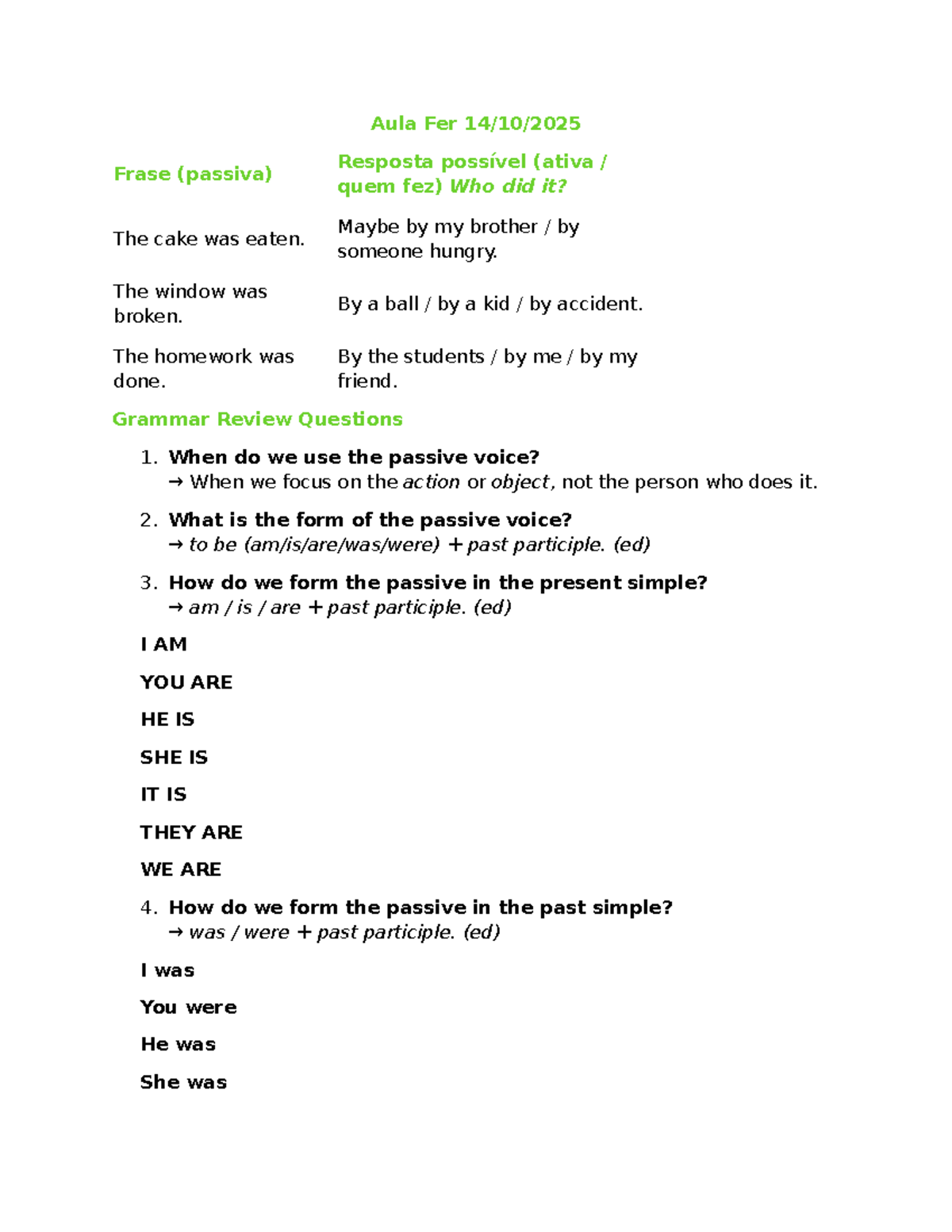 Aula Fer 14-10-2025: Passive Voice Grammar Notes - Studocu