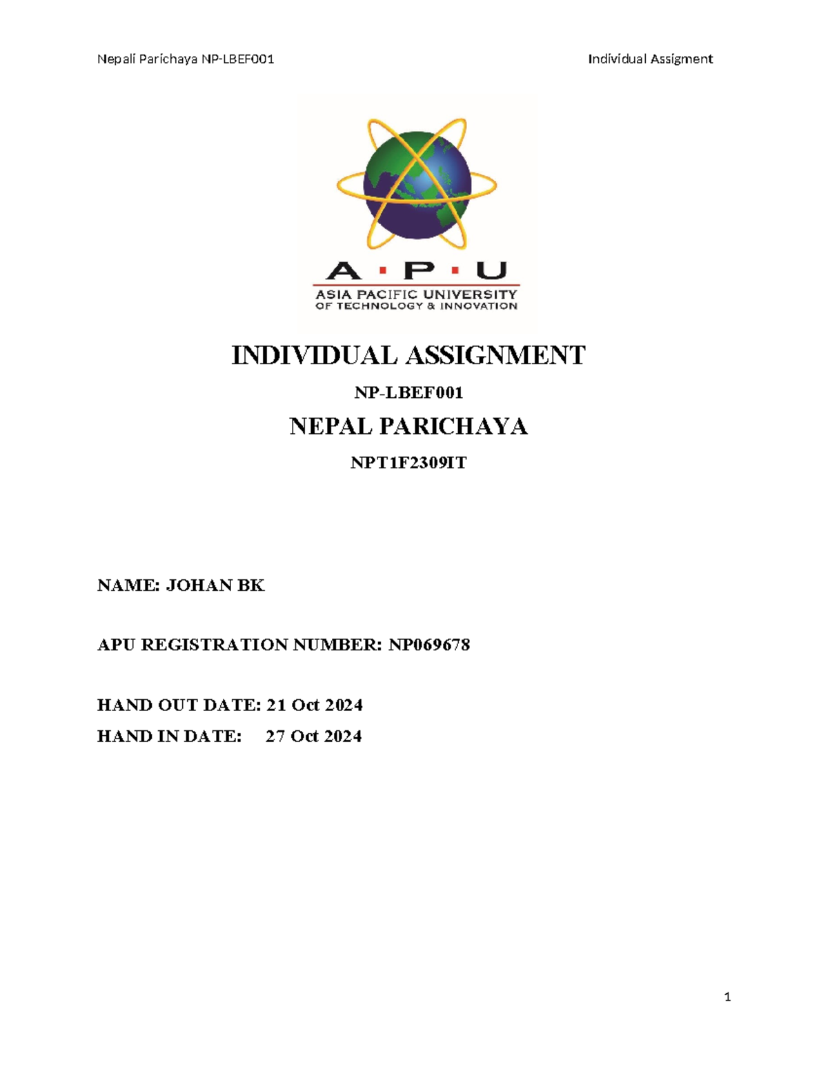 Nepali parichaya retail assigment - INDIVIDUAL ASSIGNMENT NP-LBEF NEPAL PARICHAYA NPT1F2309IT ...