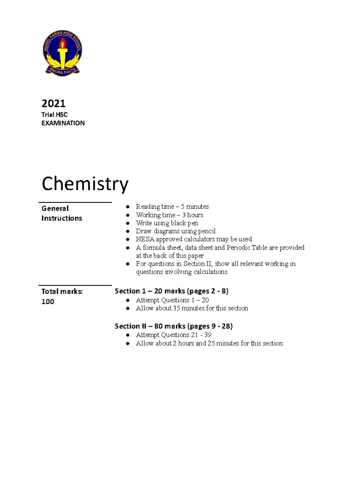 2021 HSC Chemistry Trial Exam Model Farms + Solutions - Studocu
