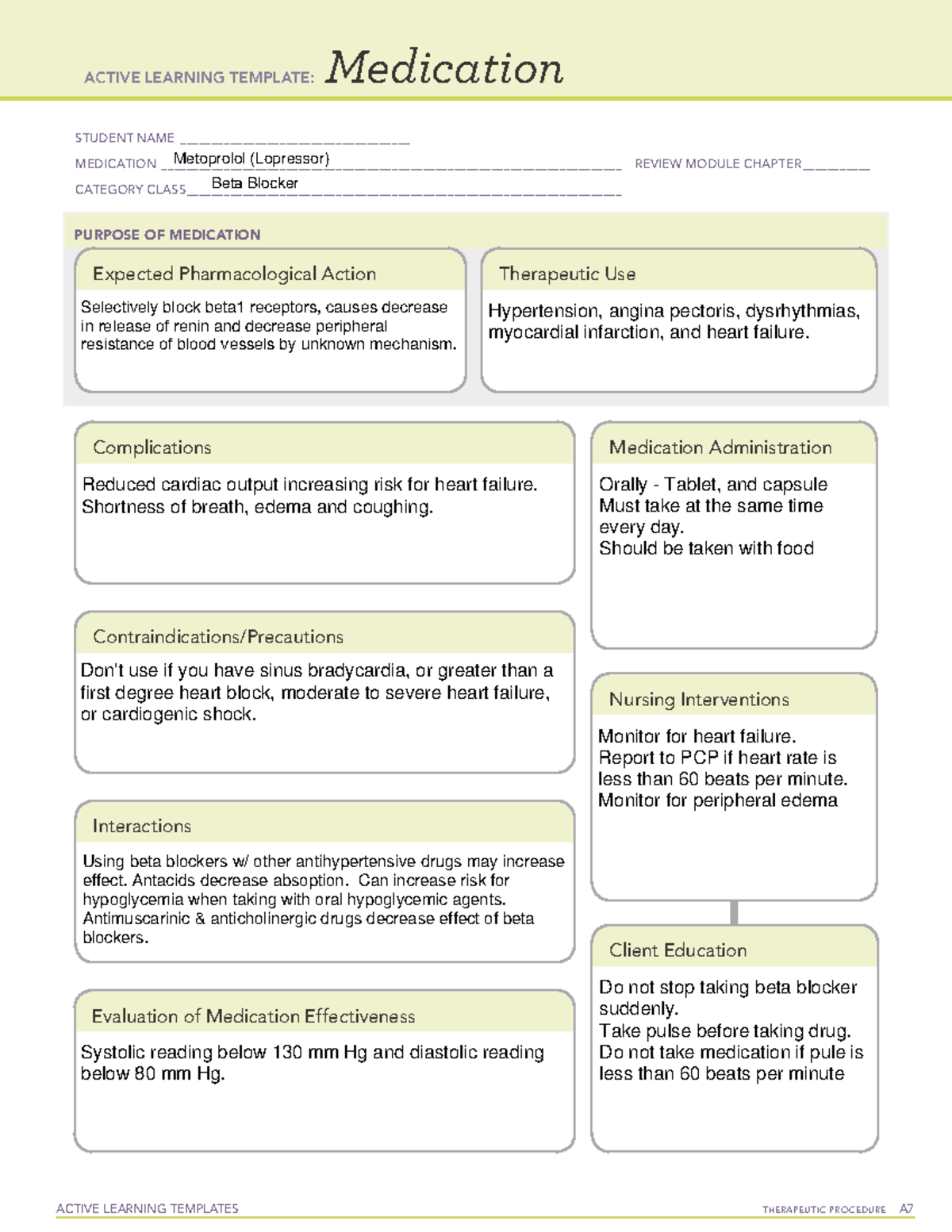 ATI Metoprolol (Lopressor) Beta Blocker Med Sheet Overview - Studocu