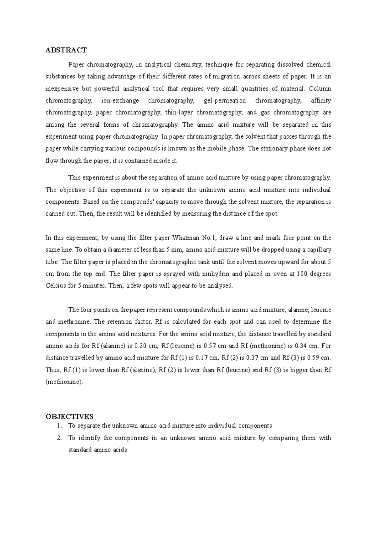 CHM 421 Lab Report: Paper Chromatography of Amino Acids - Studocu
