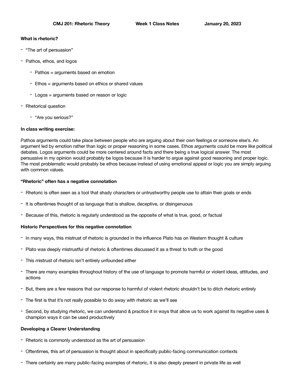 CMJ 201 - Week 1 Class Notes - CMJ 201: Rhetoric Theory Week 1 Class ...