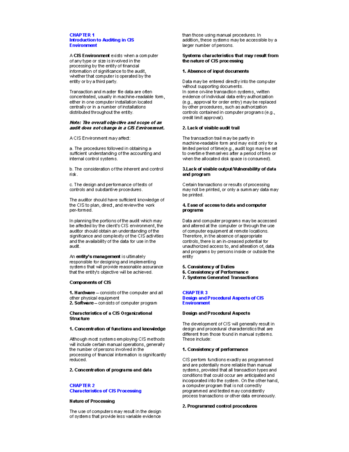 CIS 101: Chapter 1 - Introduction to Auditing in a CIS Environment ...