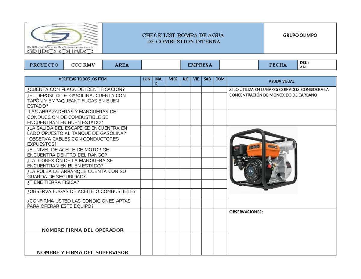 CHECK LIST CCC RMV - Bomba de Agua de Combustión Interna - Studocu