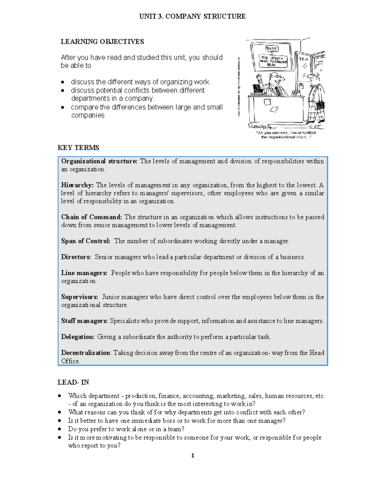 Unit 3 Company structure - UNIT 3. COMPANY STRUCTURE LEARNING ...
