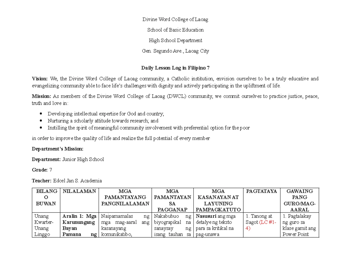 Q1 G8-DLL MAPEH 8 Daily Lesson Log: Music, Arts, PE, Health - Studocu