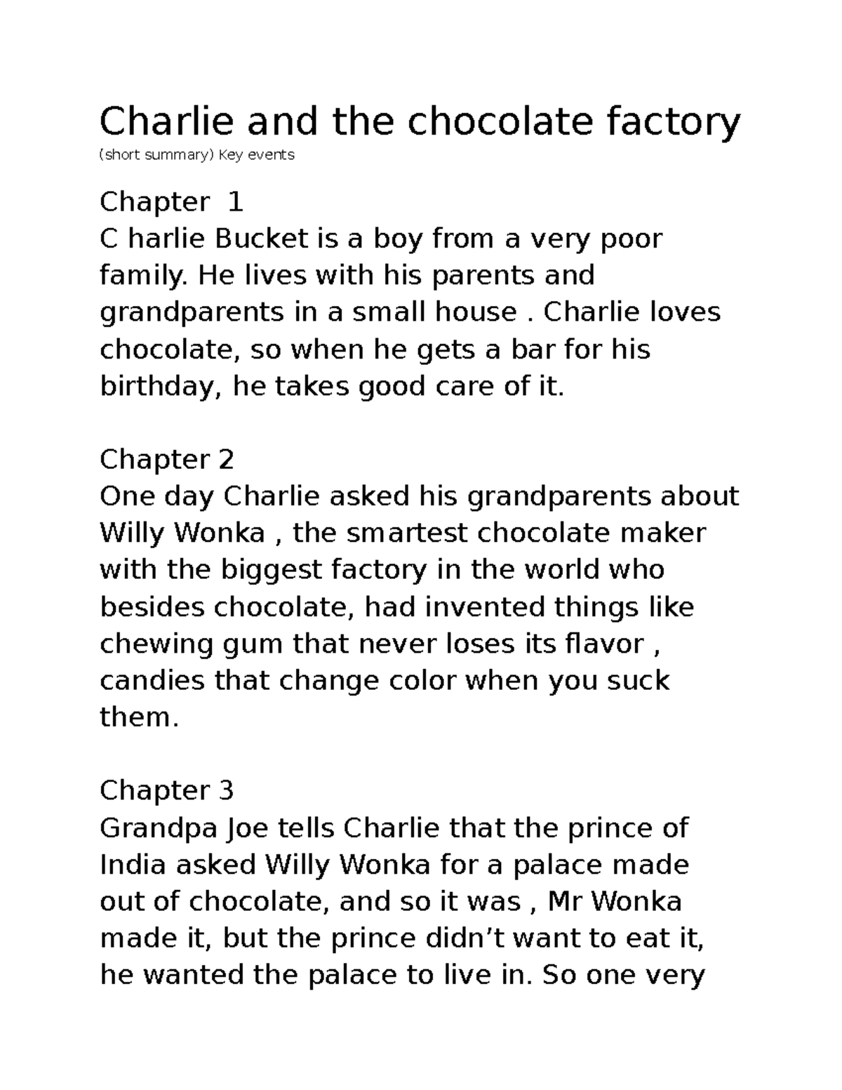 Charlie and the Chocolate Factory: Key Events Summary - Studocu