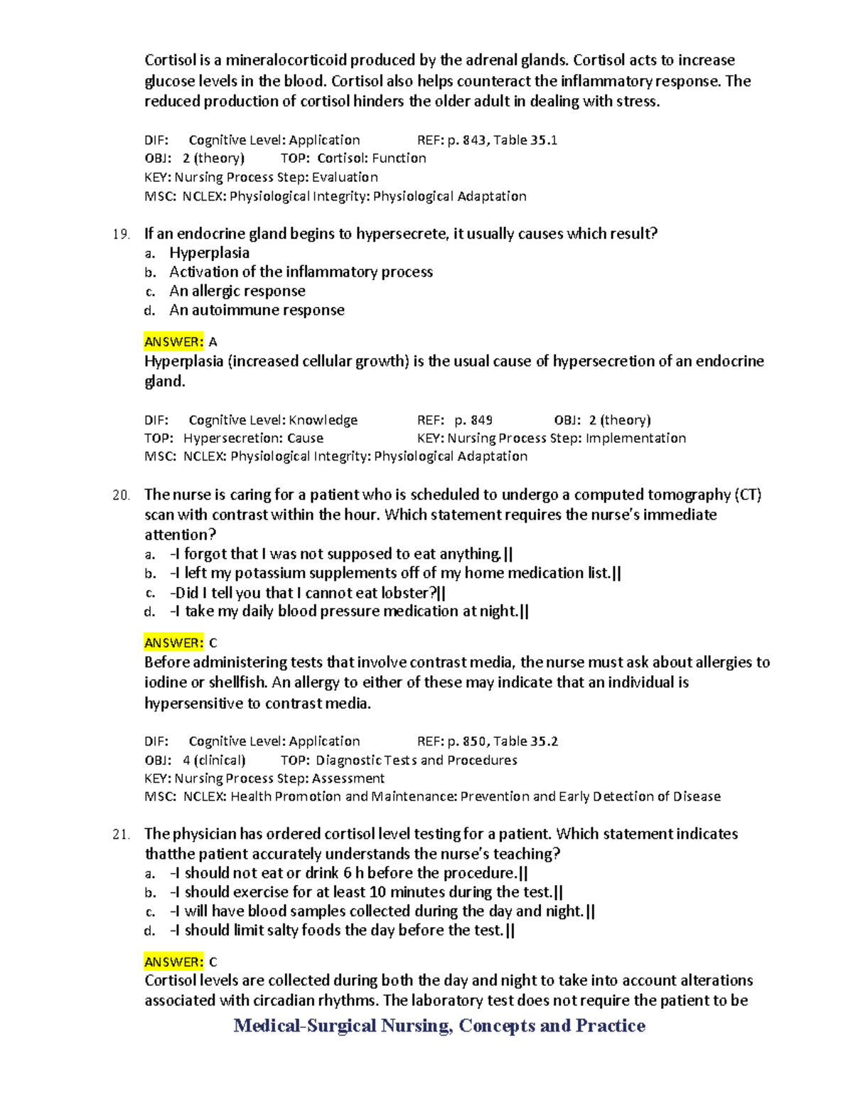 Test Bank for Medical-Surgical Nursing (5th Ed) - Cortisol ...