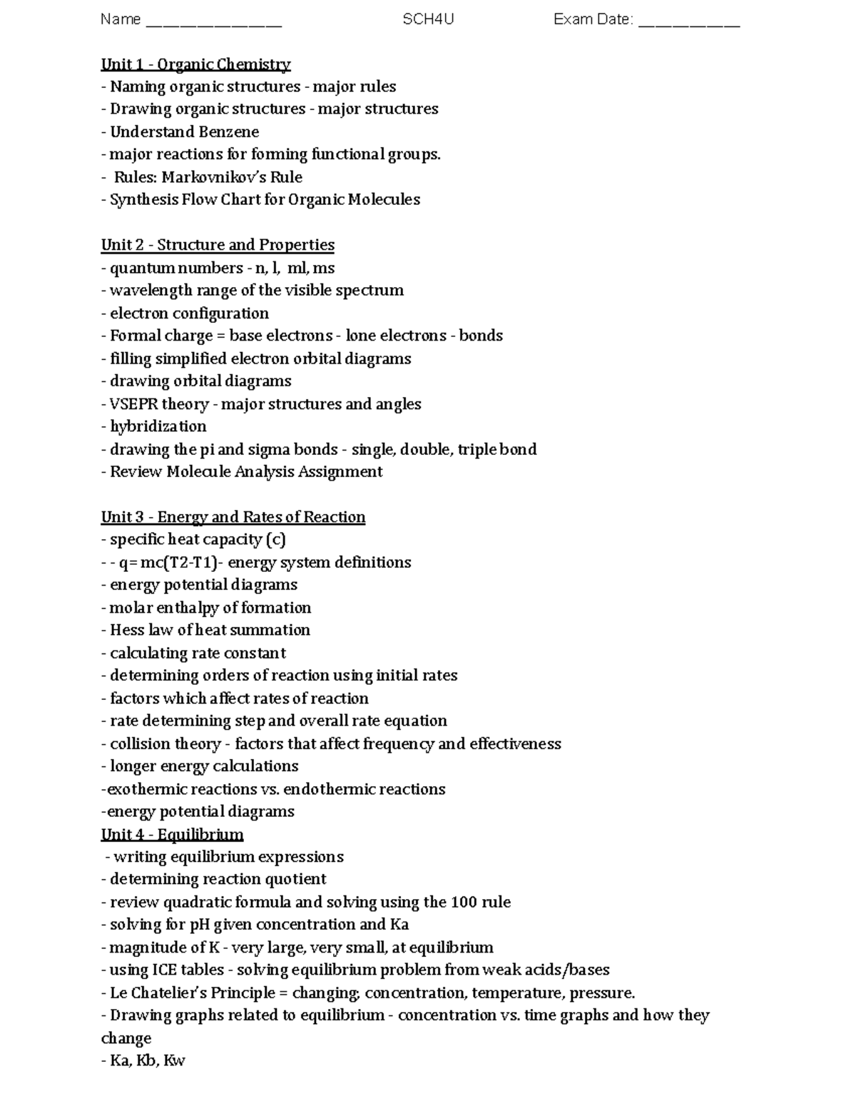 SCH4U-Final Exam Review: Key Topics in Chemistry - Studocu
