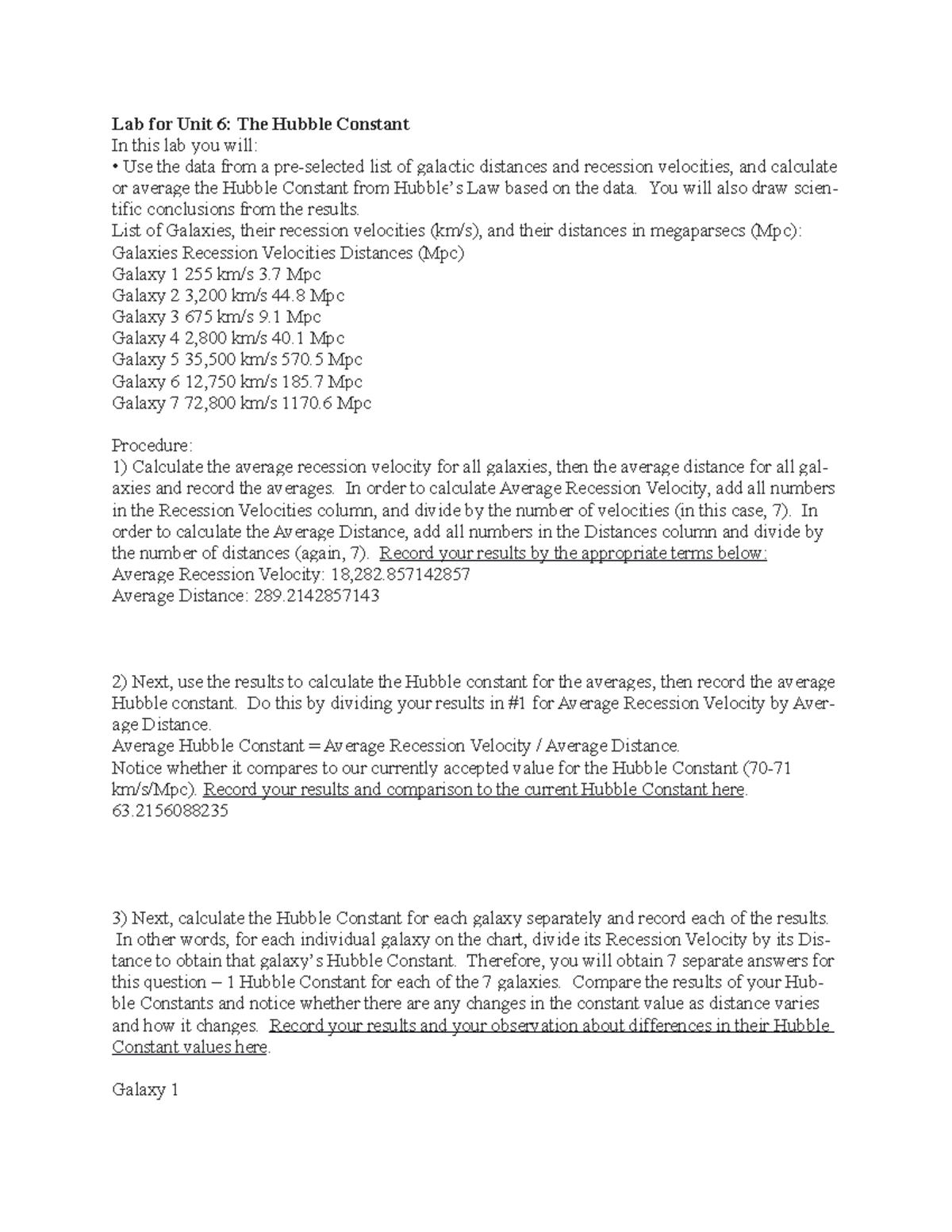Lab 6 The Hubble Constant - Lab for Unit 6: The Hubble Constant In this ...