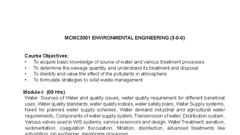 MCMC3001 Environmental Engineering Course Overview and Objectives - Studocu