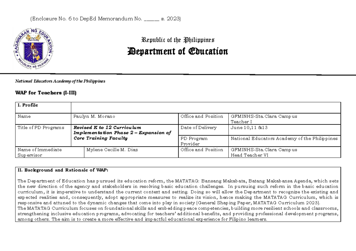 WAP for Teachers: MATATAG Curriculum Implementation - Filipino 8 - Studocu