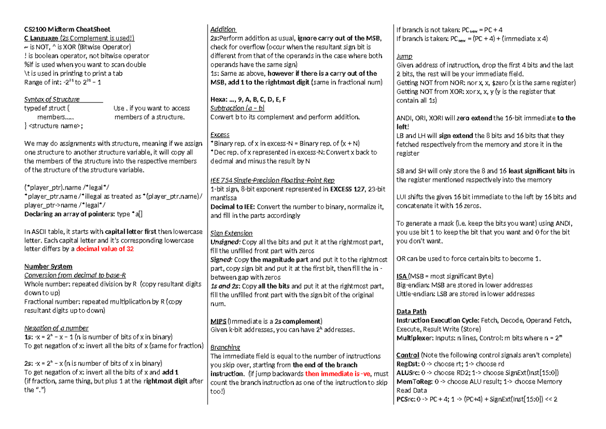CS2100 Final Cheat Sheet - CS2100 Midterm CheatSheet C Language (2s ...