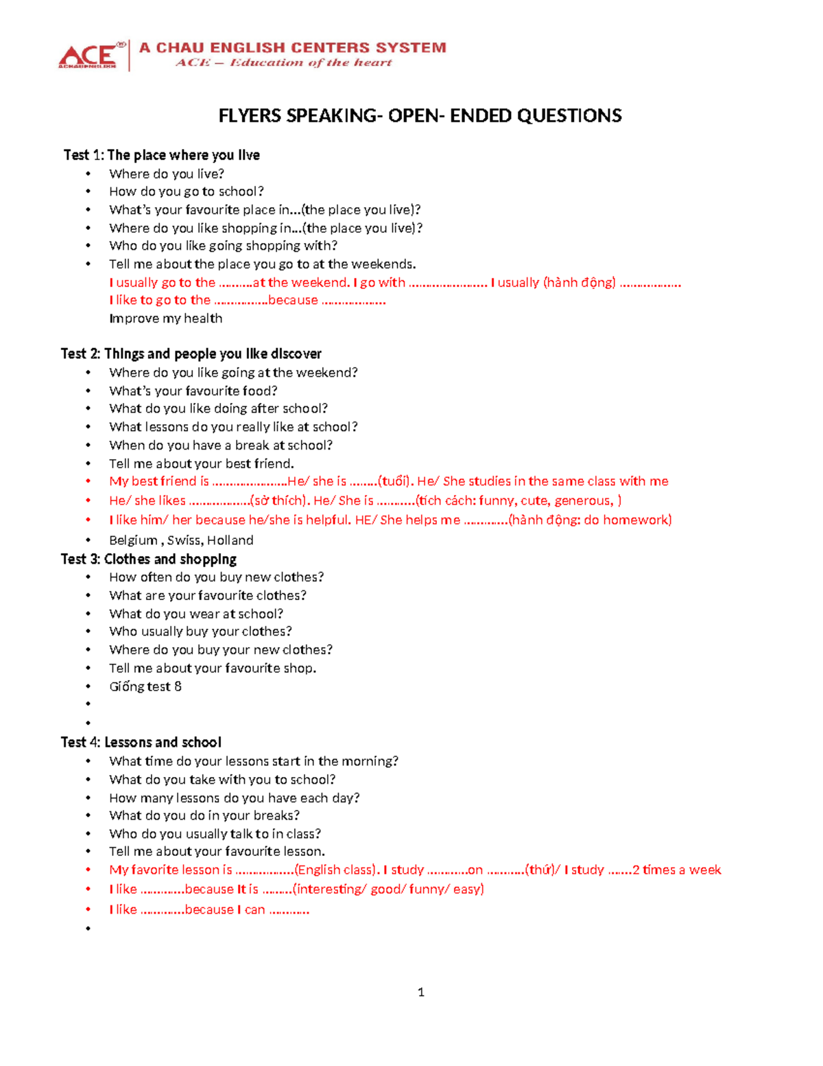 FLYERS ENDED QUESTIONS: Speaking Test 1-8 Overview and Practice - Studocu