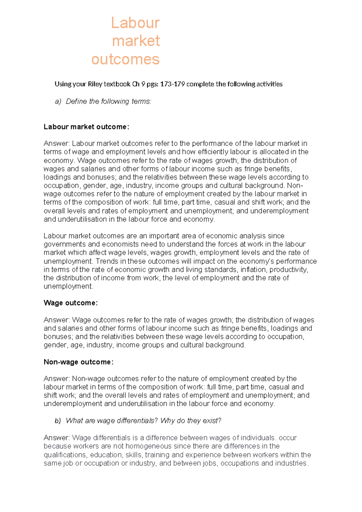Labour Market Outcomes: Key Concepts and Wage Differentials (ECO101 ...