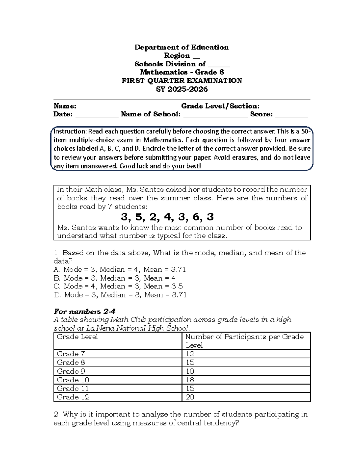 MATH8_Q1 FINAL EXAMINATION: GRADE 8 MATHEMATICS REVIEW - Studocu
