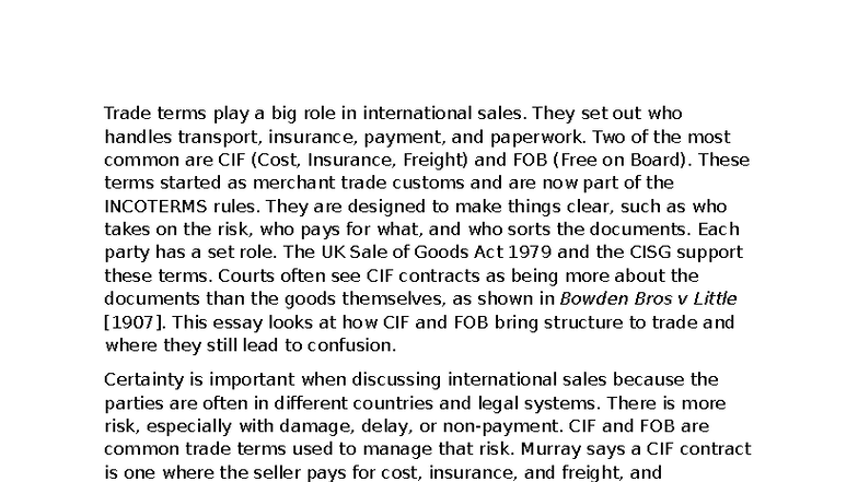 CIF and FOB Trade Terms: Structure and Confusion in Intl Sales - Studocu