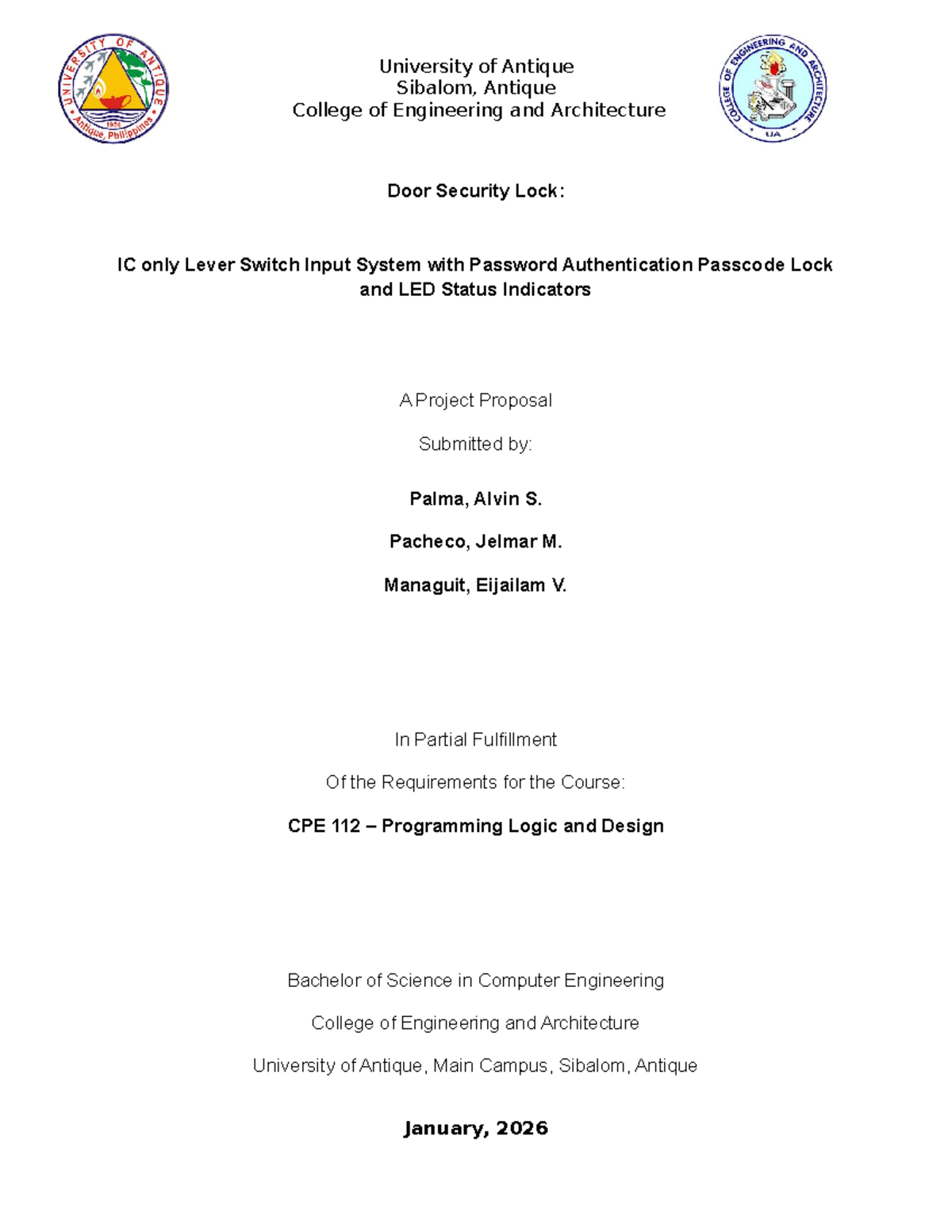 CPE 112 Project Proposal: Lever Switch Password Auth System - Studocu